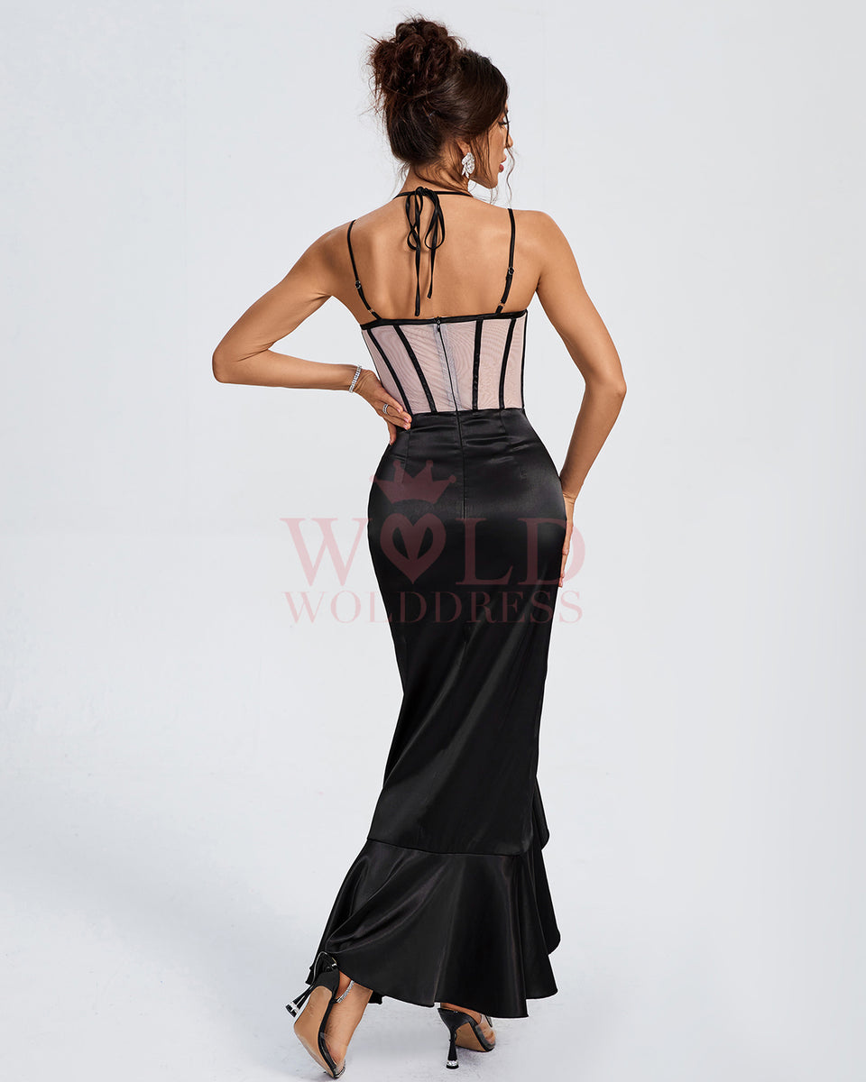 Ruffle Satin Corset Floral Wing Cup Dress KLYF1073 | Wolddress