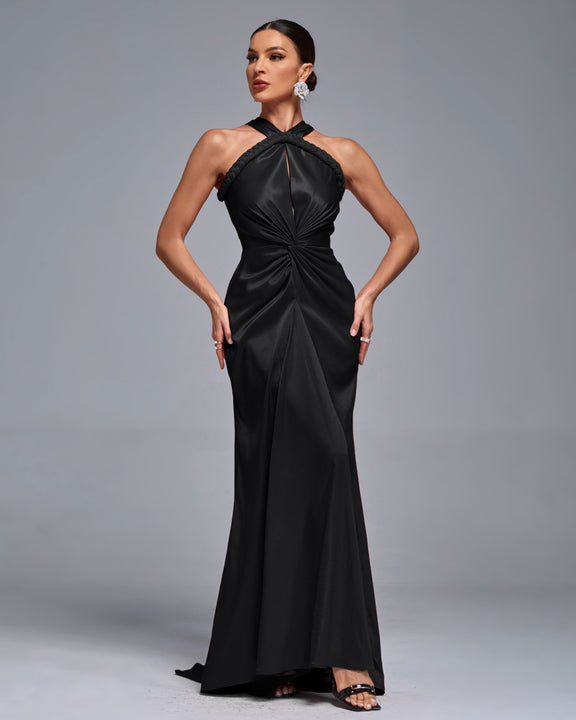 Halterneck Satin Braided Draped Evening Gown KLYF1232 | Wolddress ...