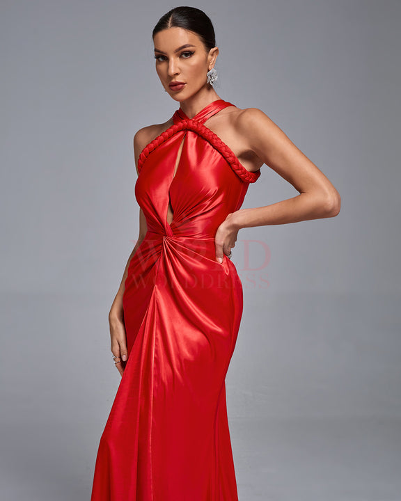 Halterneck Satin Braided Draped Evening Gown KLYF1232 | Wolddress ...