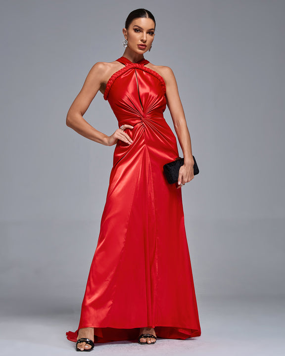 Halterneck Satin Braided Draped Evening Gown KLYF1232 | Wolddress ...