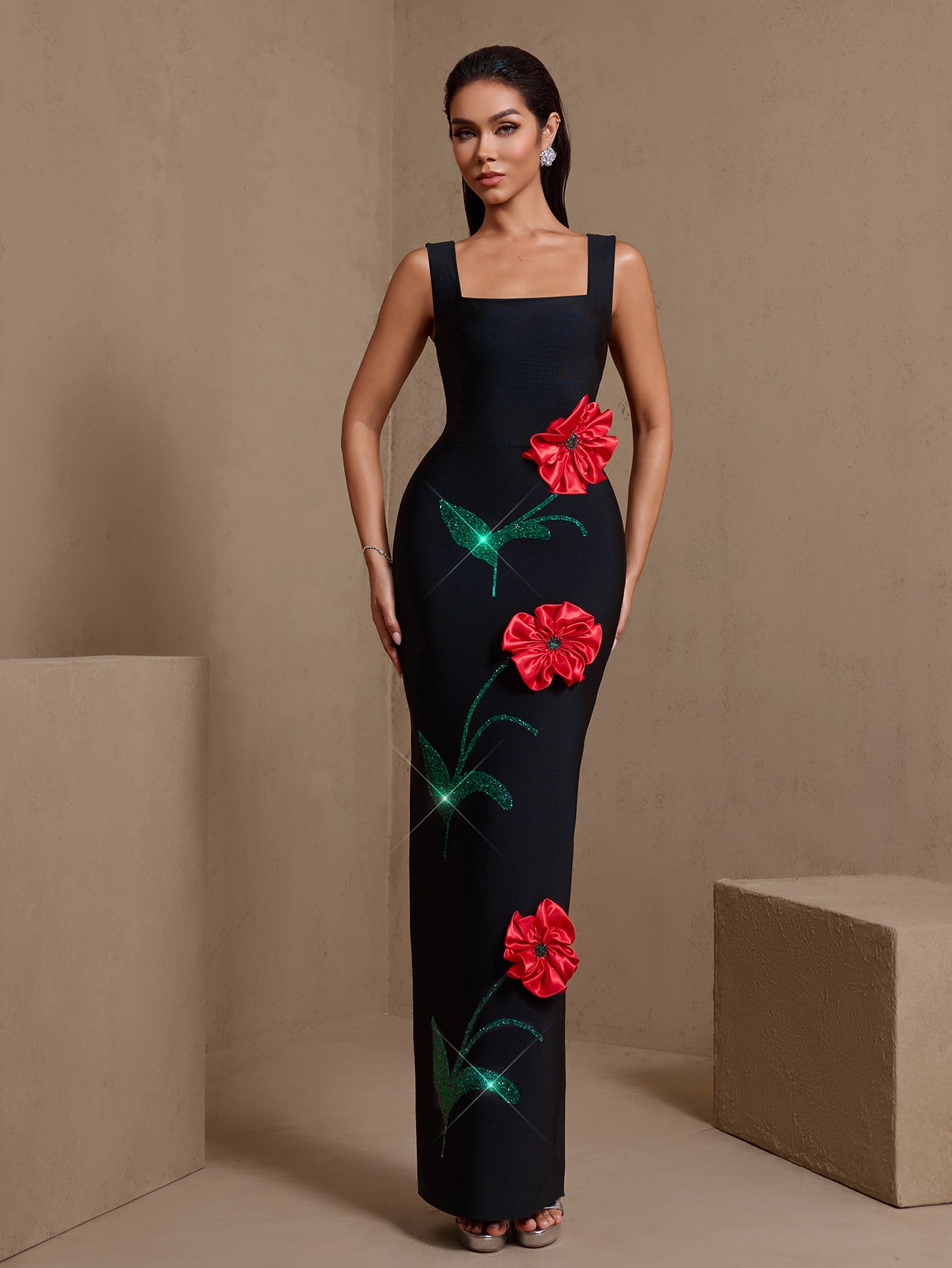Square Neck Red Flowers Bandage Dress PP26014 | Wolddress – wolddress