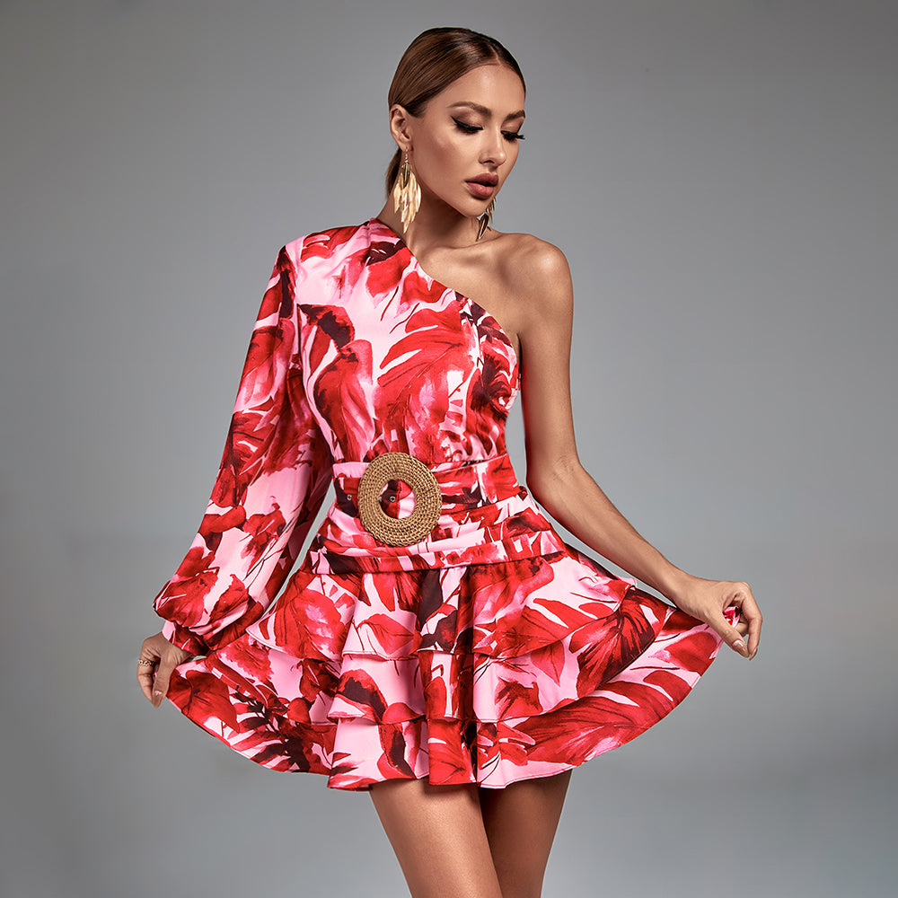 Red One Shoulder Mini Frill Bodycon Dress | Wolddress