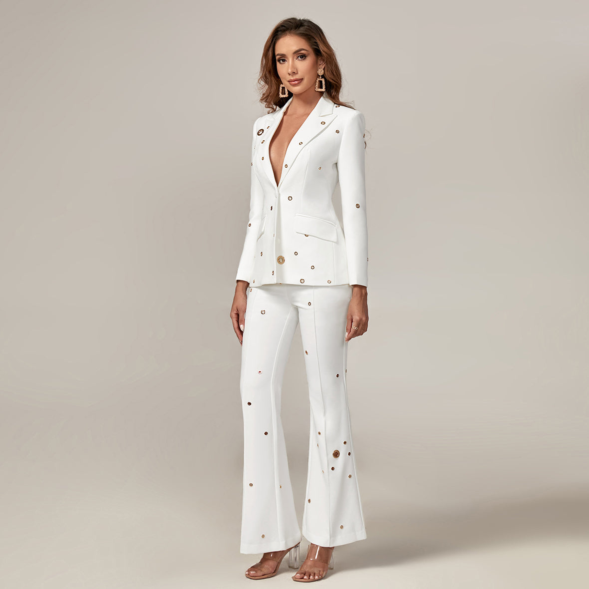 White V Neck Long Sleeve Splicing Patterned Bodycon Suit | Wolddress