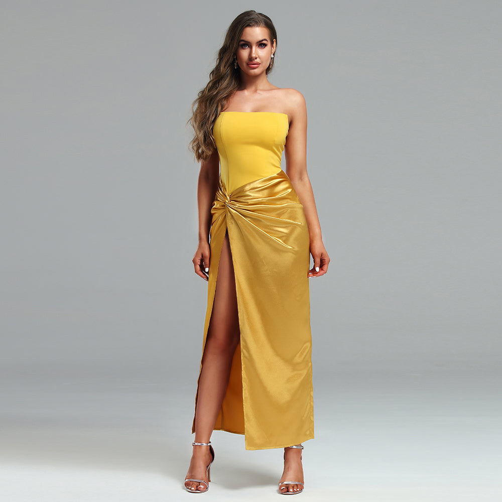Yellow Sleeveless Wrinkled Side Slit Bodycon Dress | Wolddress